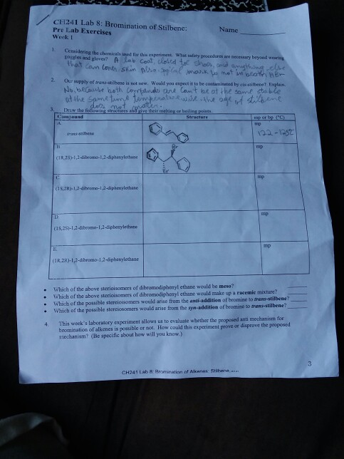 Solved CH341 Lab 8: Bromination of Stilhene: PreLab | Chegg.com