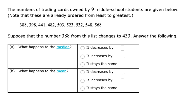 Solved The numbers of trading cards owned by 9 middle-school | Chegg.com