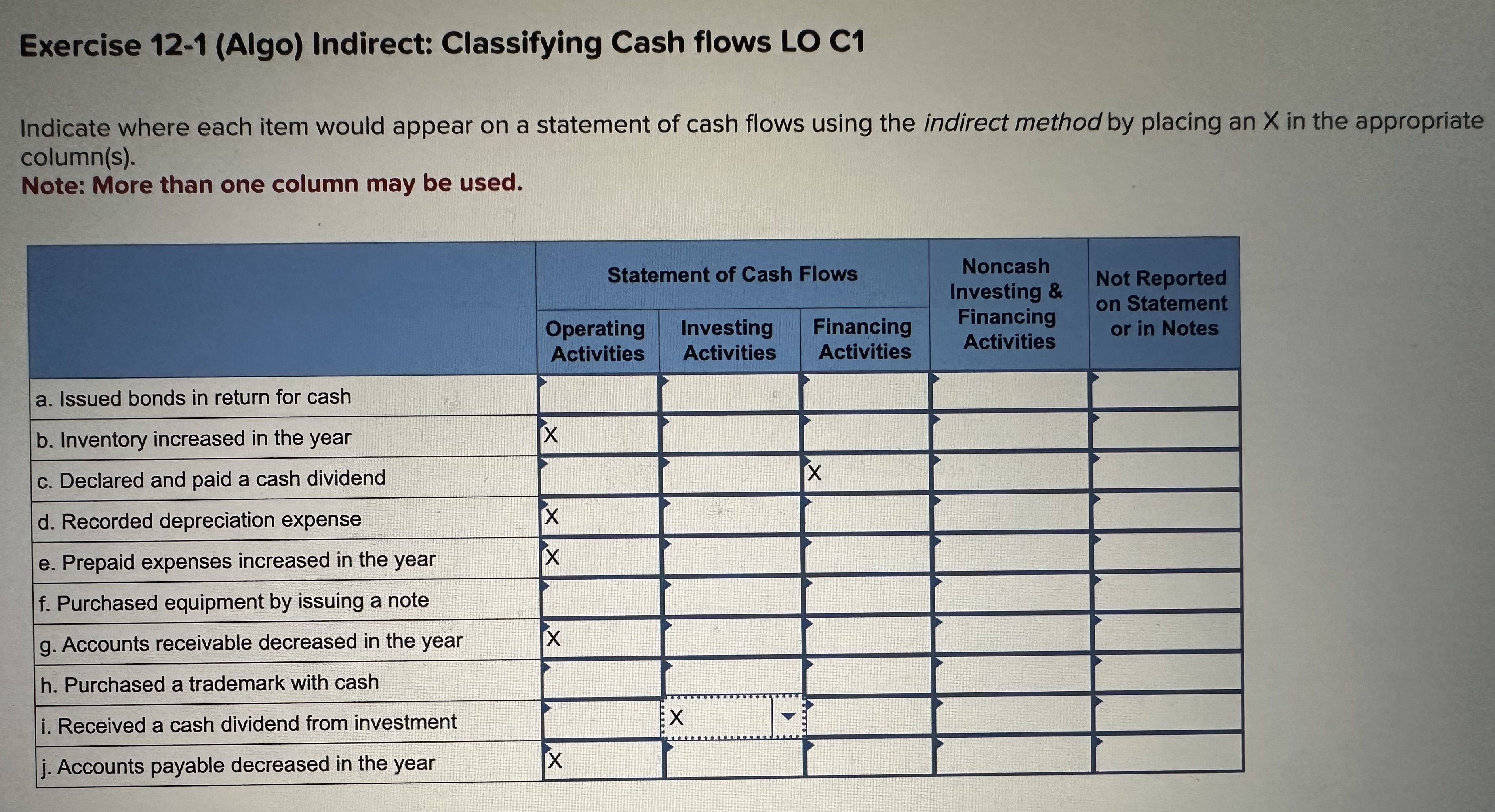 Solved Exercise 12-1 (Algo) Indirect: Classifying Cash flows | Chegg.com Solved Exercise 12-1 (Algo) Indirect: Classifying Cash flows | Chegg.com