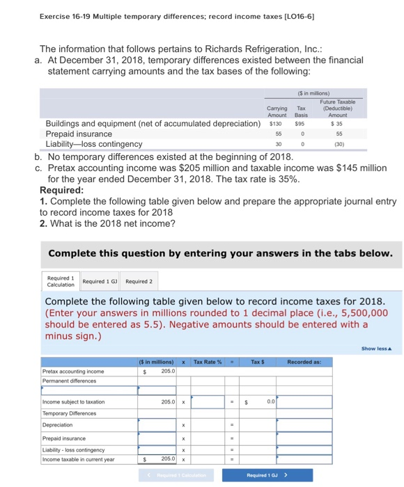 Solved Exercise 16-19 Multiple temporary differences; record | Chegg.com