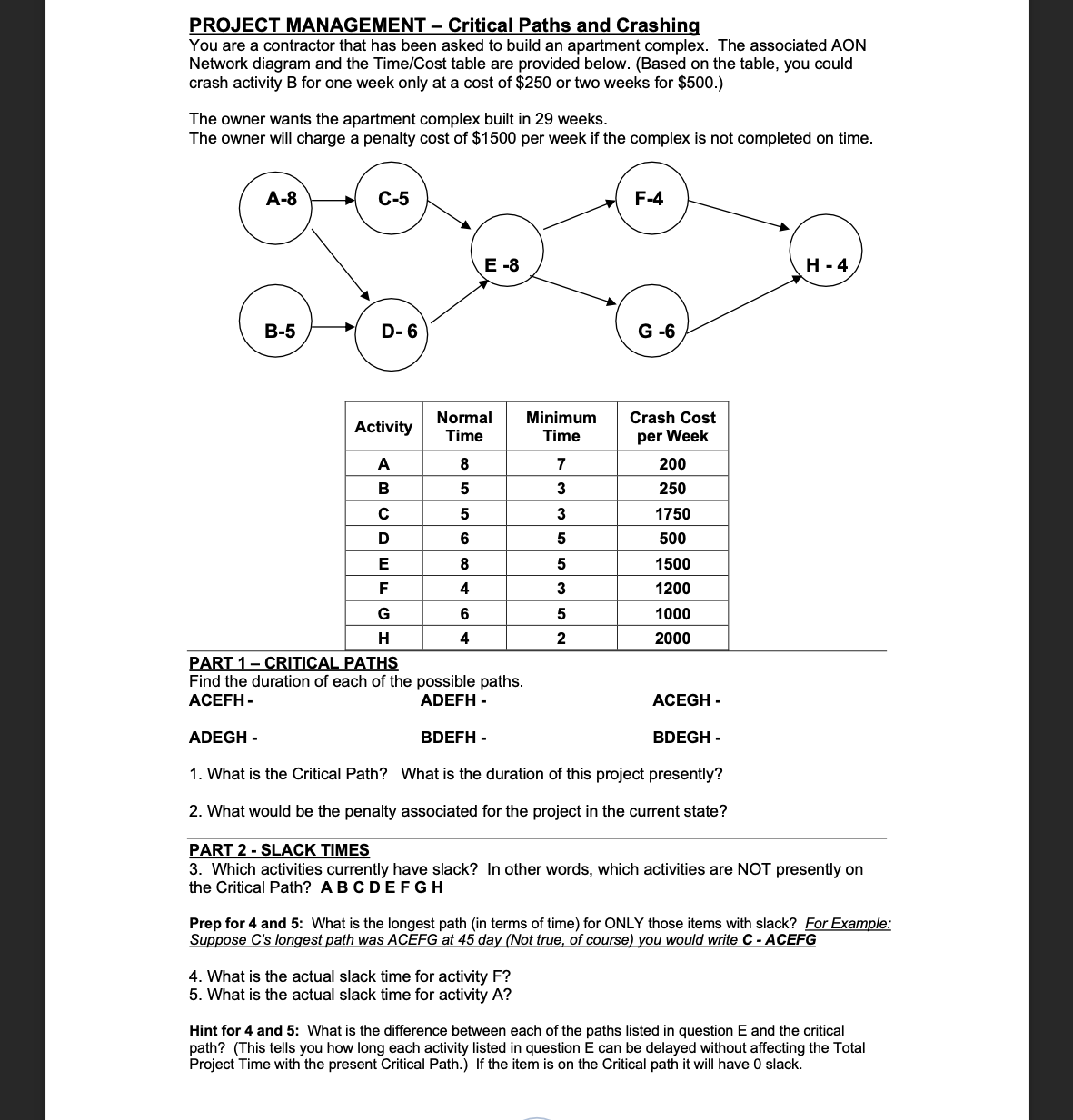 Solved PROJECT MANAGEMENT - ﻿Critical Paths and CrashingYou | Chegg.com