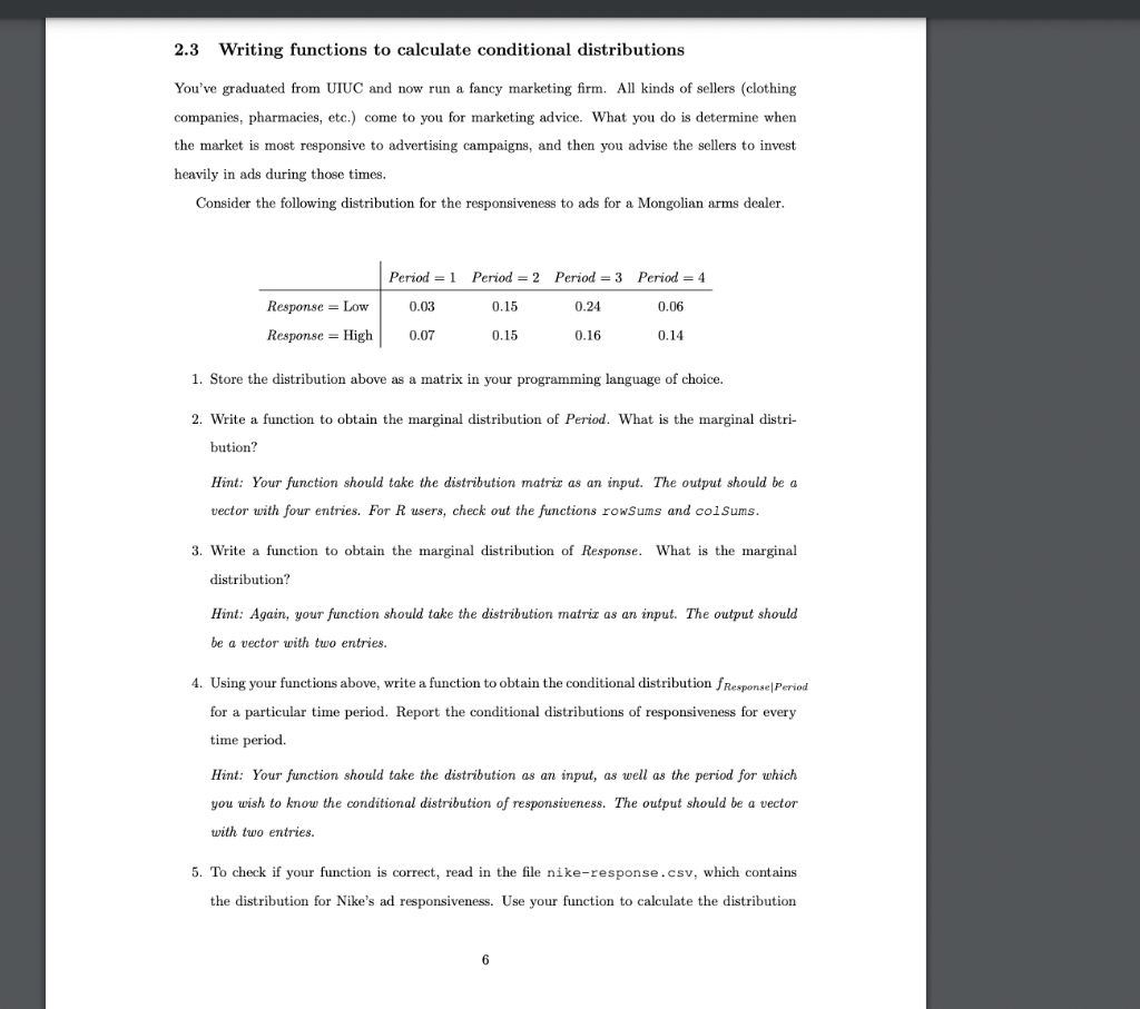 2.3 Writing functions to calculate conditional | Chegg.com