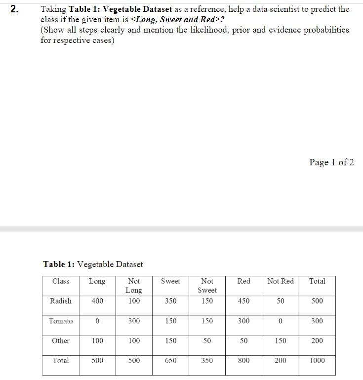Solved 2. Taking Table 1: Vegetable Dataset as a reference, | Chegg.com