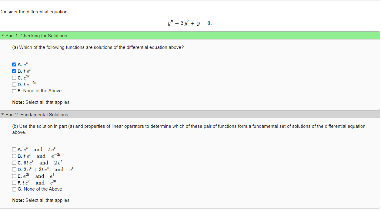 Solved Consider the differential equation y′′−2y′+y=0 Part | Chegg.com