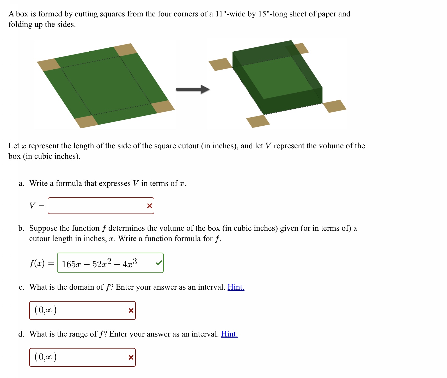 Solved A box is formed by cutting squares from the four | Chegg.com