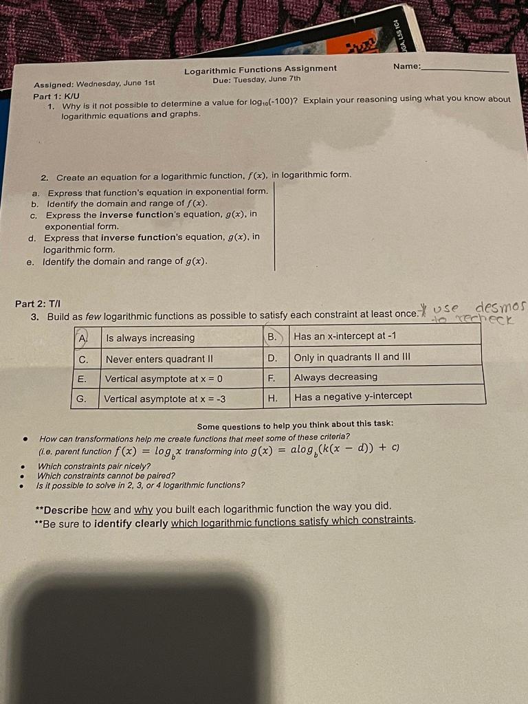 Solved Name: Logarithmic Functions Assignment Due: Tuesday, | Chegg.com