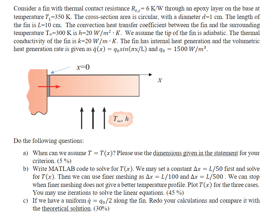 Consider a fin with thermal contact resistance Rt,c = | Chegg.com