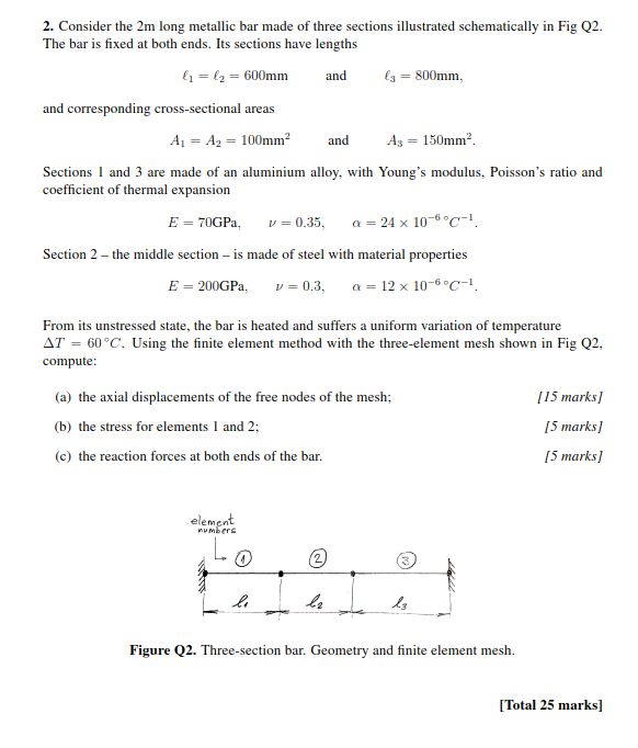 Solved 2. Consider the 2 m long metallic bar made of three | Chegg.com