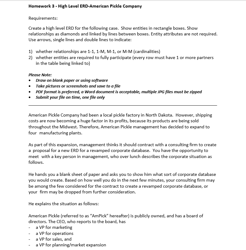 Solved Homework 3 - High Level ERD-American Pickle Company | Chegg.com