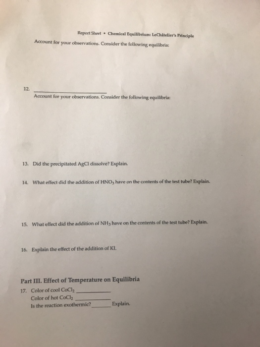 Solved REPORT SHEET I EXPERIMENT Chemical Equilibrium: | Chegg.com