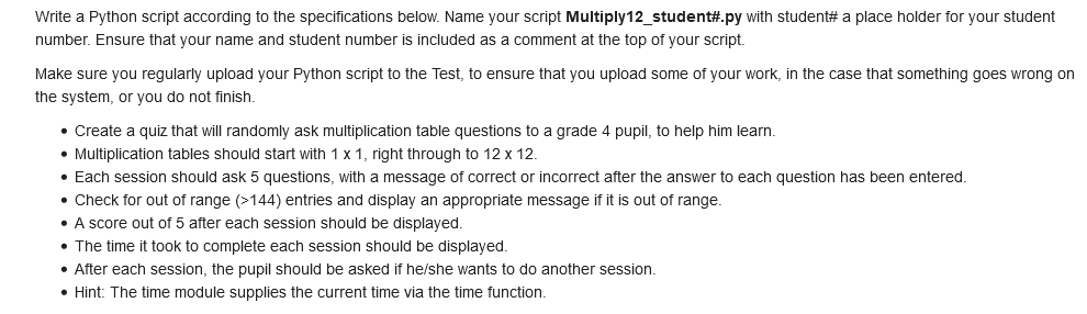 Solved Write a Python script according to the specifications | Chegg.com