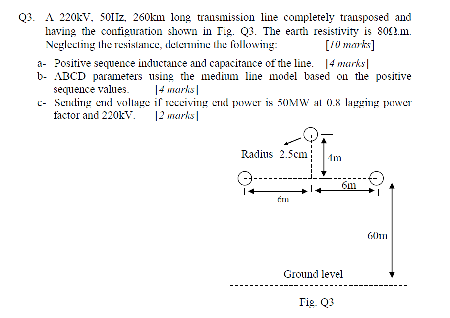 Solved Q3. A 220KV, 50Hz, 260km long transmission line | Chegg.com