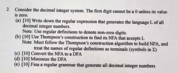 2. Consider the decimal integer system. The first | Chegg.com