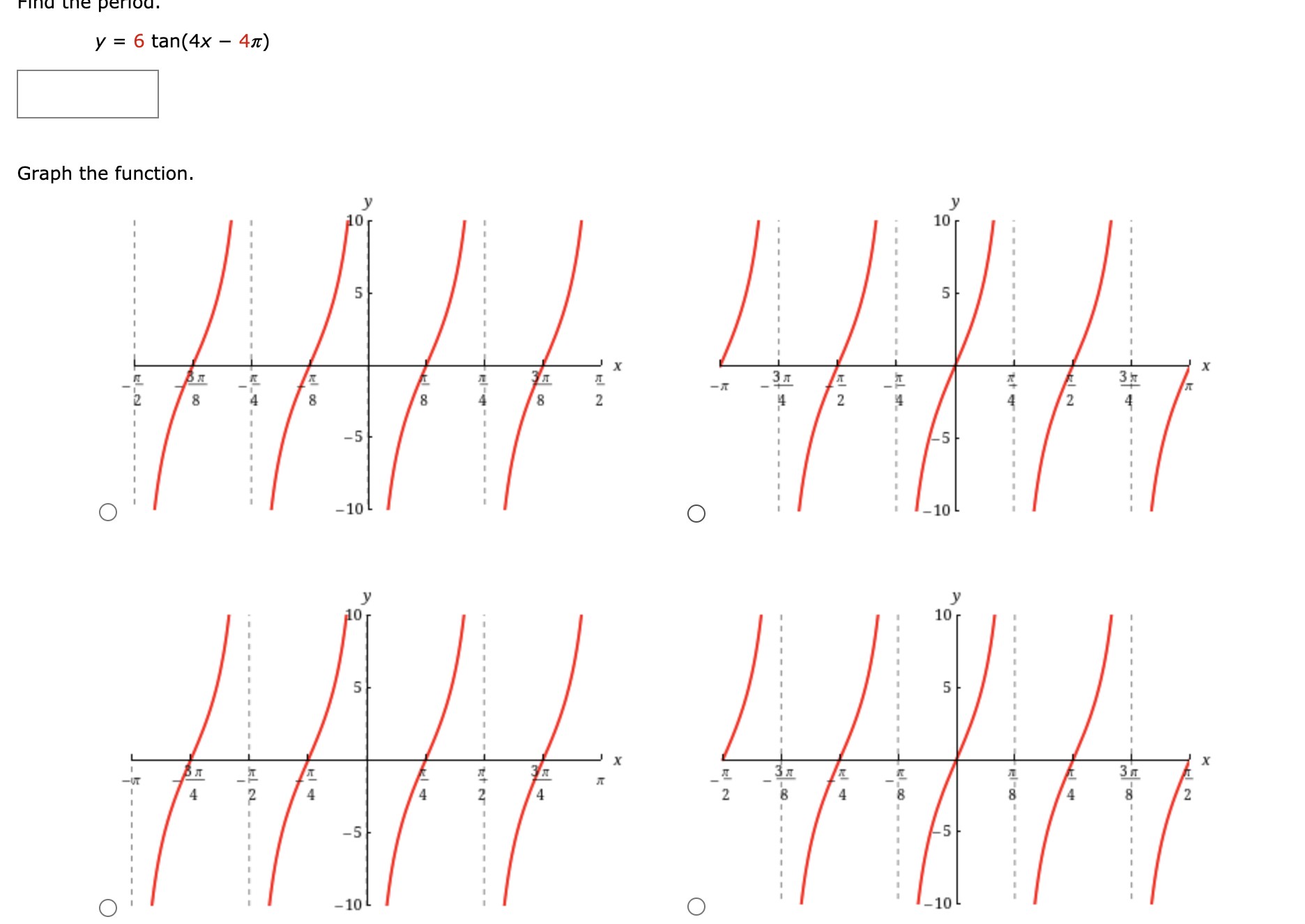 Solved Find the period. y = -4 tan(nx) T x Graph the | Chegg.com