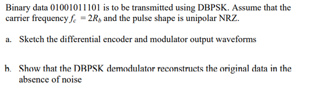 Solved Binary data 01001011101 is to be transmitted using | Chegg.com