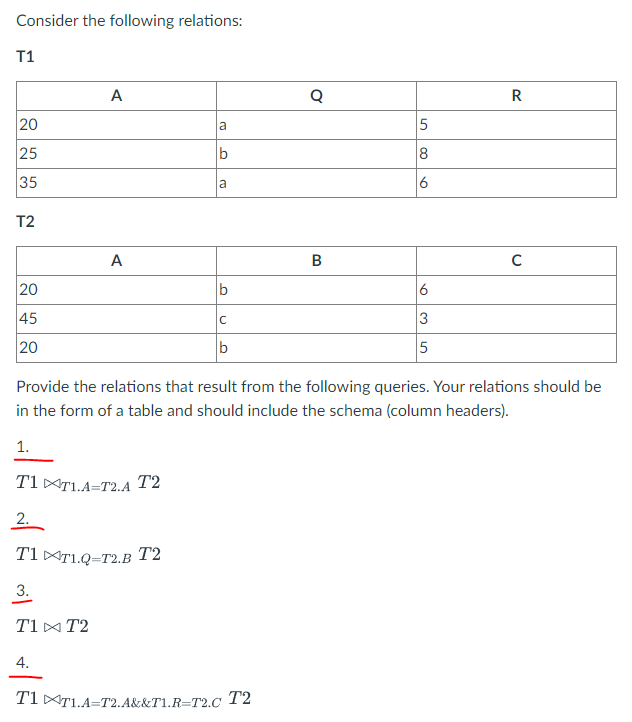 Consider the following relations:T1T2Provide the | Chegg.com
