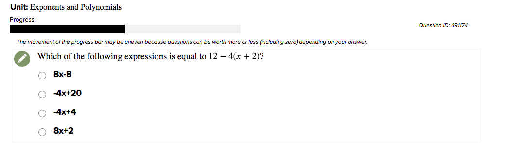 Solved Unit: Exponents and Polynomials Progress: Question | Chegg.com