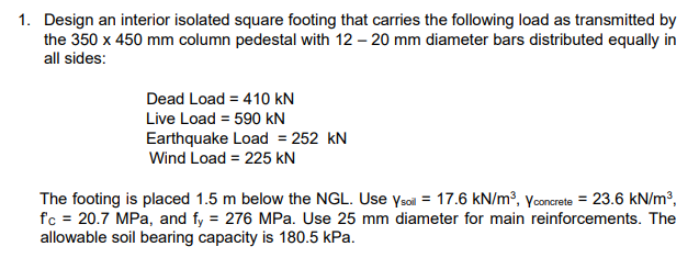 Solved 1. Design an interior isolated square footing that | Chegg.com