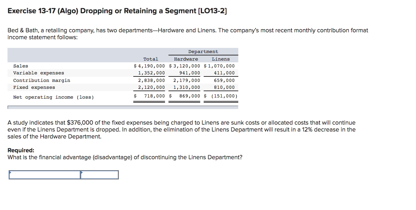 Solved Exercise 13-17 (Algo) Dropping or Retaining a Segment | Chegg.com