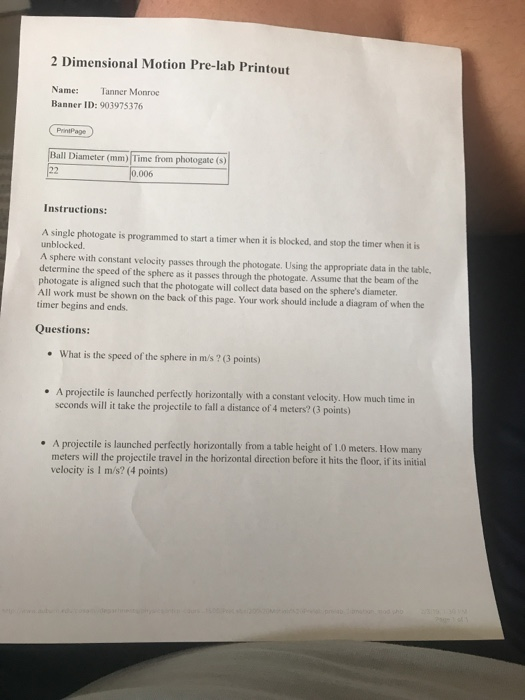 Solved 2 Dimensional Motion Pre-lab Printout Name: Tanner | Chegg.com