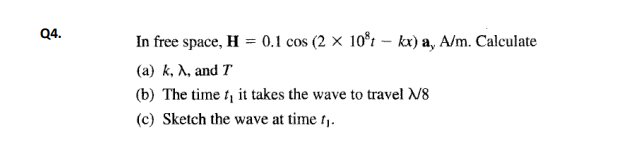 Solved In free space, H=0.1cos(2×108t−kx)ay A/m. Calculate | Chegg.com