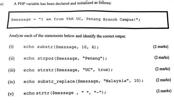 Solved A PHP variable has been declared and initialized as | Chegg.com