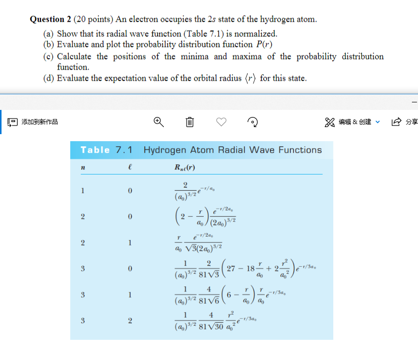 Solved Question 2 (20 points) An electron occupies the 2s | Chegg.com