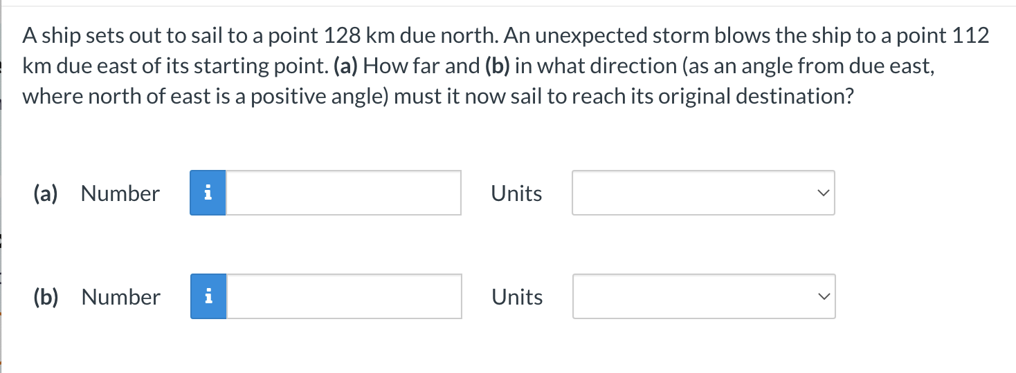 Solved A ship sets out to sail to a point 128 km due north. | Chegg.com