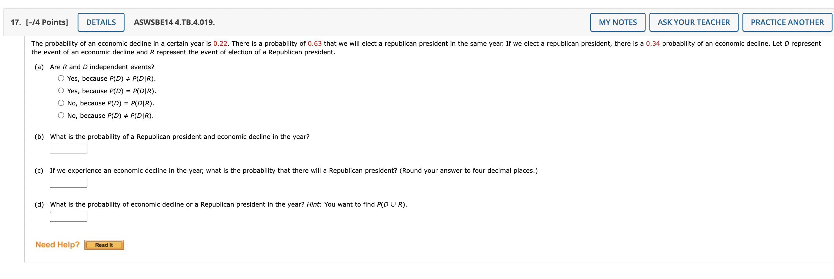 Solved 7. [-/4 Points] ASWSBE14 4.TB.4.019. the event of an | Chegg.com