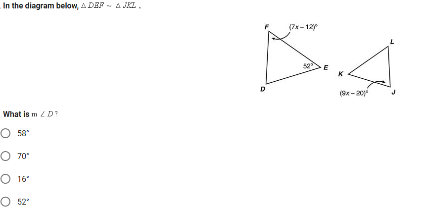 Solved In ﻿the diagram below, ????DEF∼???JKL.What | Chegg.com