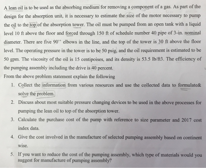 Solved A lean oil is to be used as the absorbing medium for | Chegg.com