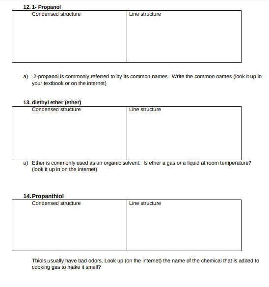 Solved 12. 1- Propanol Condensed structure Line structure | Chegg.com