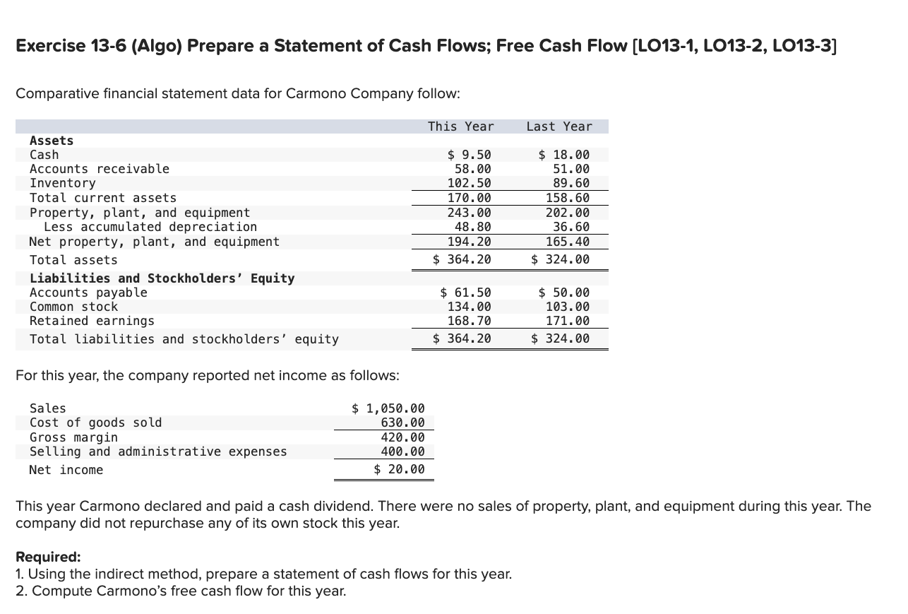 Solved Exercise 13-6 (Algo) Prepare a Statement of Cash | Chegg.com