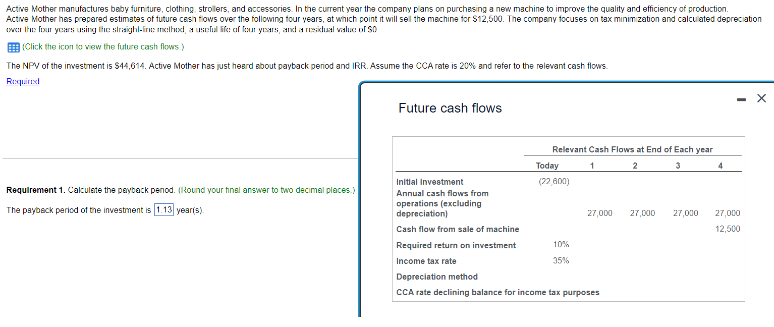 Solved The payback i calculated is 1.13 ﻿years but thats not | Chegg.com