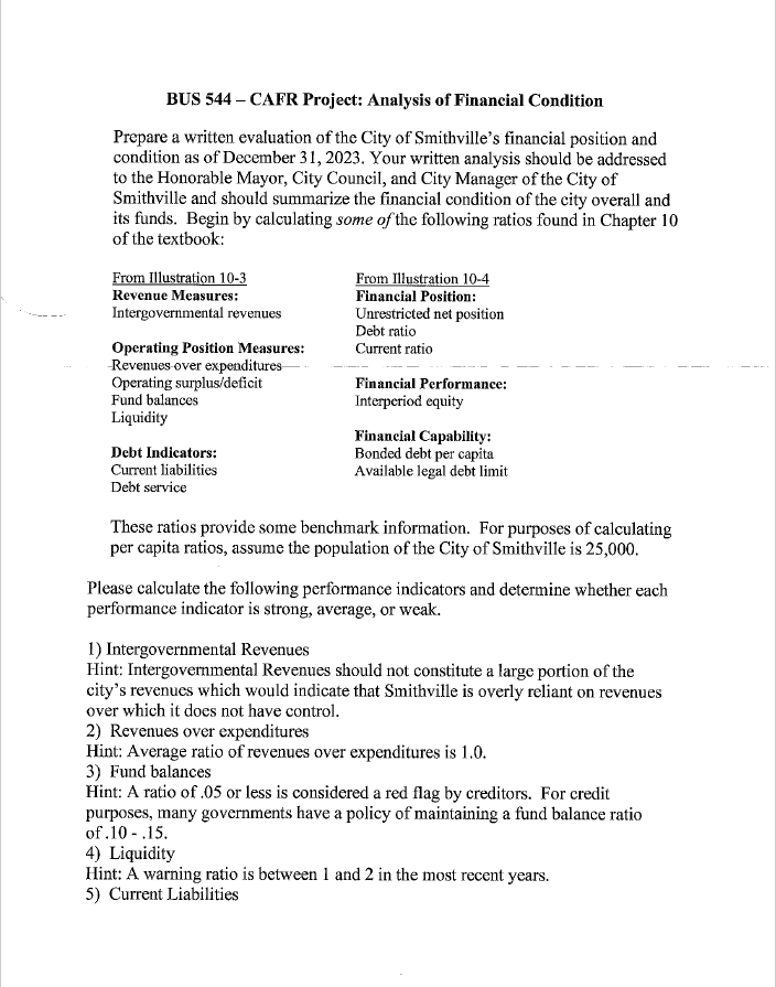 BUS 544 - CAFR Project: Analysis of Financial | Chegg.com