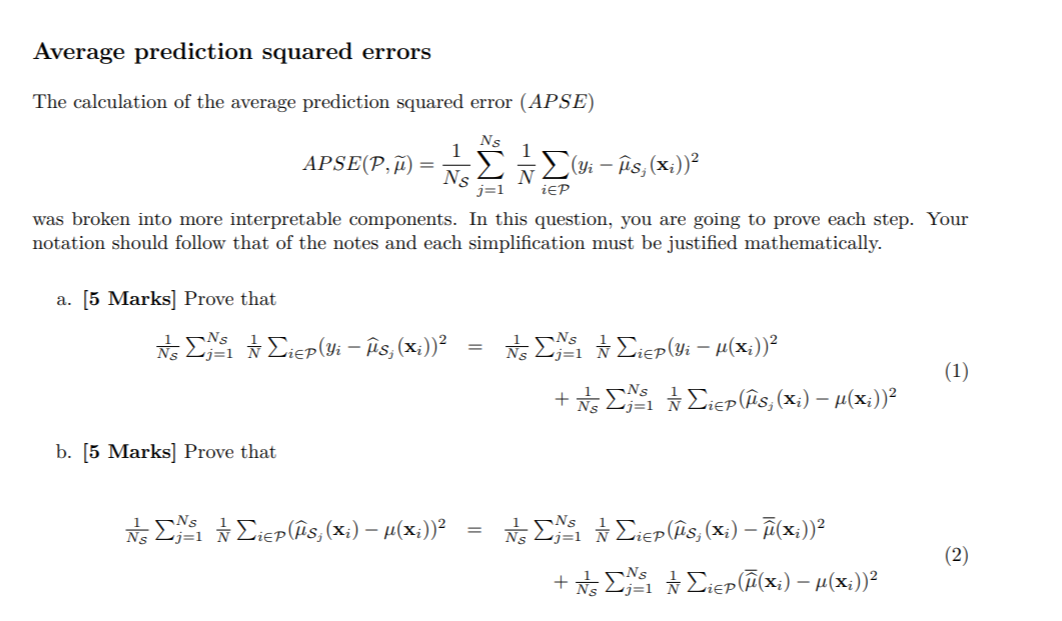 Average prediction squared errors The calculation of | Chegg.com