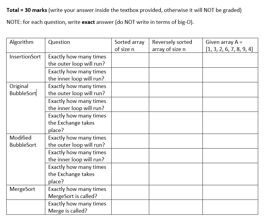 Solved Total = 30 marks (write your answer inside the | Chegg.com