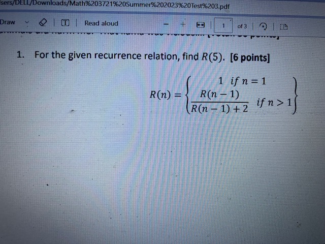 Solved 1. For the given recurrence relation, find R(5). [6 | Chegg.com