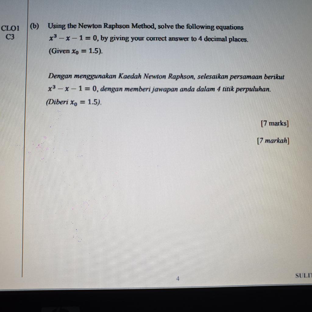 Solved CLO1 C3 (b) Using the Newton Raphson Method, solve | Chegg.com