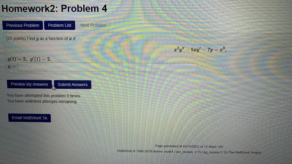 Solved Homework2: Problem 4 Previous Problem Problem List | Chegg.com