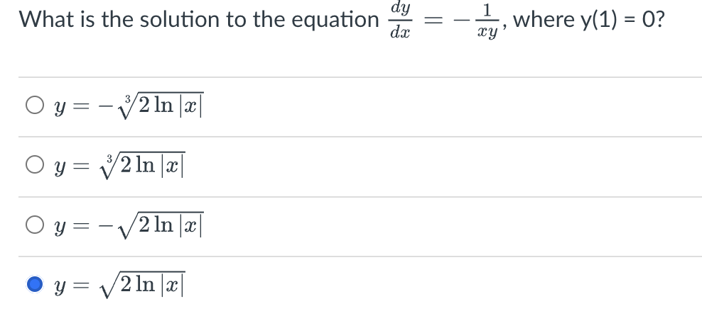 Solved What is the solution to the equation dxdy=−xy1, where | Chegg.com