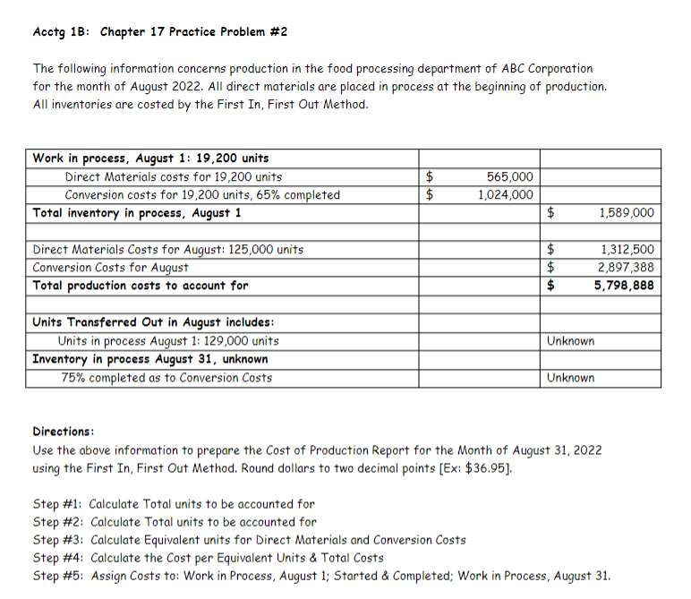 Solved Acctg 1B: Chapter 17 Practice Problem \#2 The | Chegg.com
