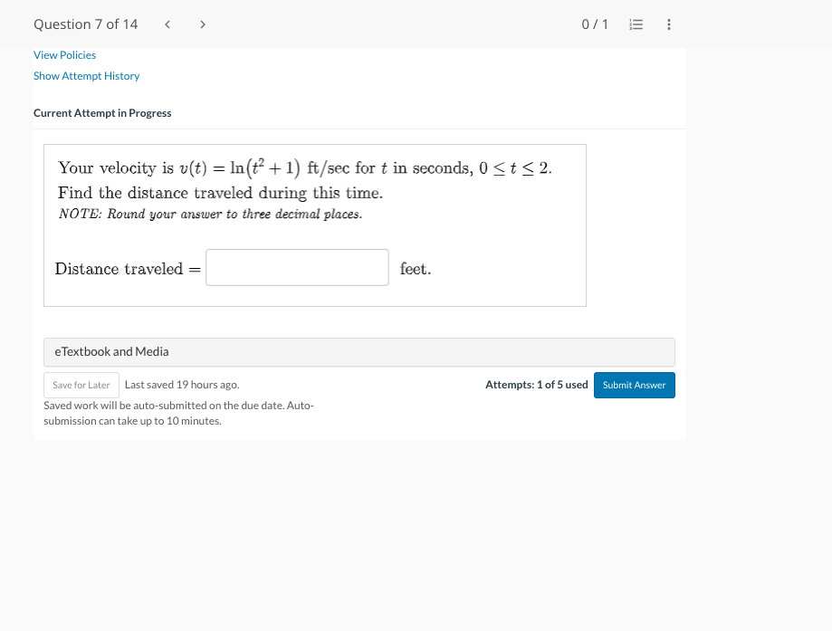 Your Velocity Is V t ln t2 1 ftsec for T in Chegg Your Velocity Is V t ln t2 1 ftsec for T in Chegg