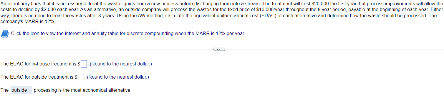Solved company's MARR is 12%. Click the icon to view the | Chegg.com