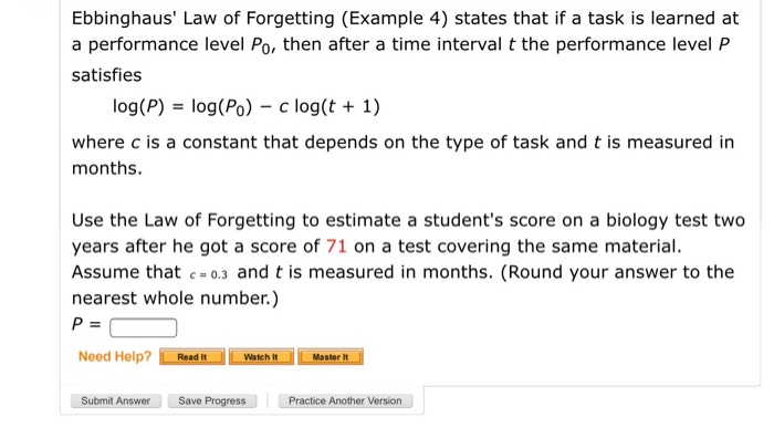 Solved Ebbinghaus' Law of Forgetting (Example 4) states that | Chegg.com