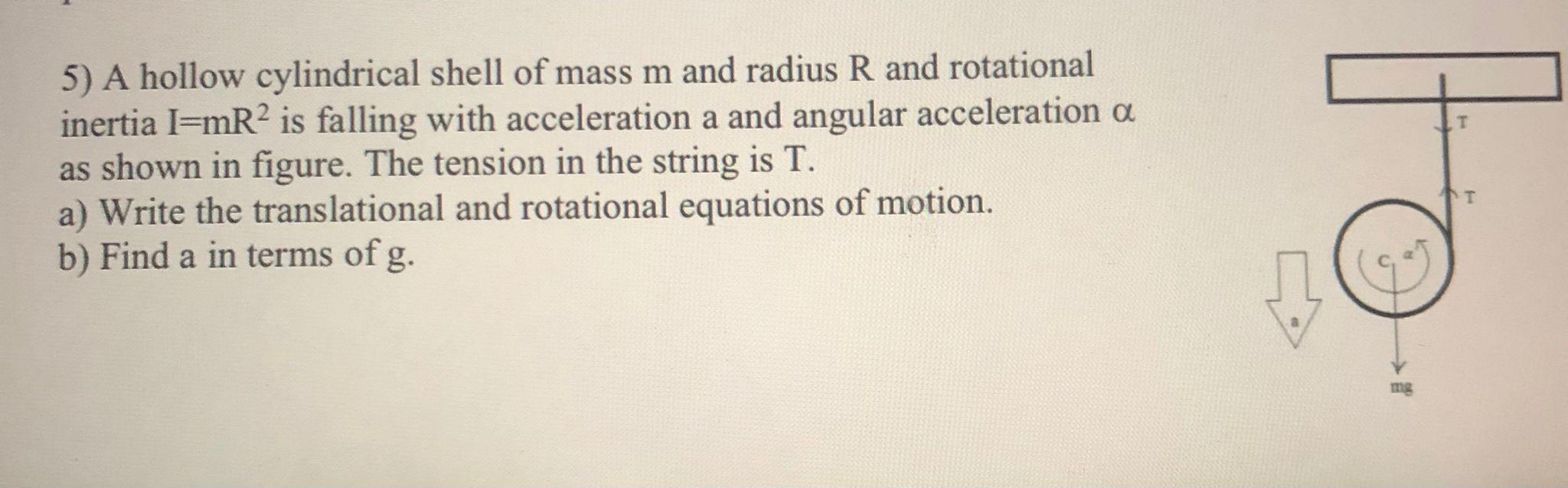 Solved 5) A hollow cylindrical shell of mass m and radius R | Chegg.com