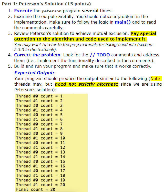 Part 1: Peterson's Solution (15 points) 1. Execute | Chegg.com