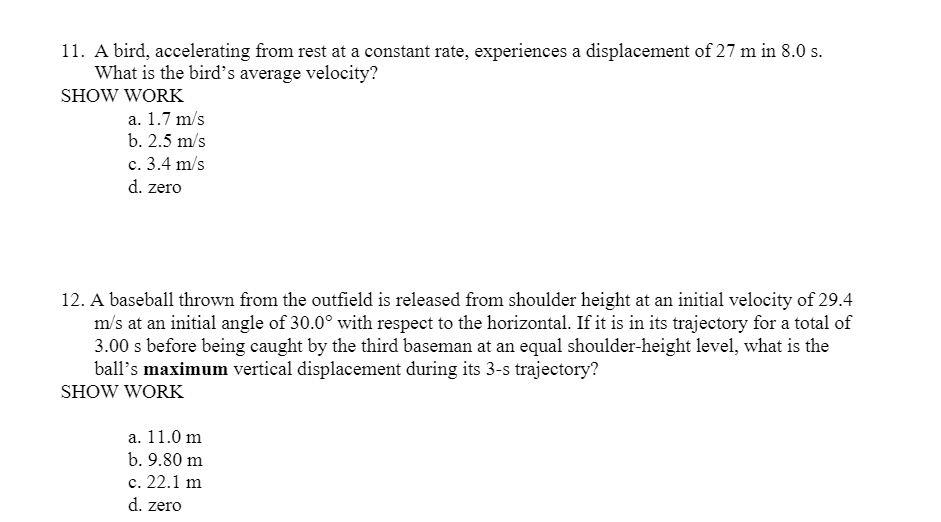 Solved 11. A bird, accelerating from rest at a constant | Chegg.com