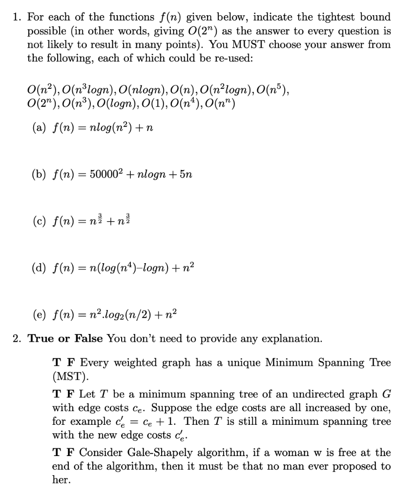 Solved 1. For each of the functions f(n) given below, | Chegg.com