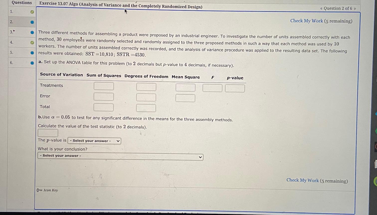 Solved Questions Exercise 13.07 Algo (Analysis of Variance | Chegg.com